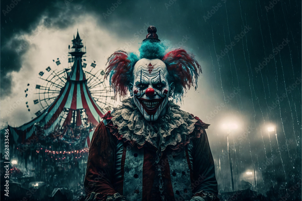 Horror clown and creapy funfair or circus. Concept of evil and fear. Designed using generative ...