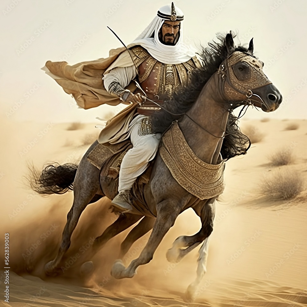 Ilustración de Stock Arab knight riding a horse in the desert, Medieval ...