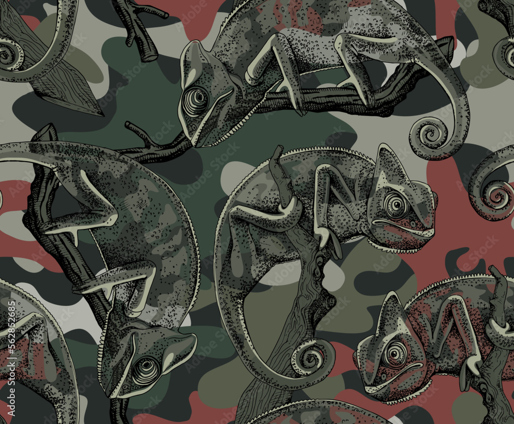 Seamless wallpaper pattern. Chameleon on the branch on a camouflage ...