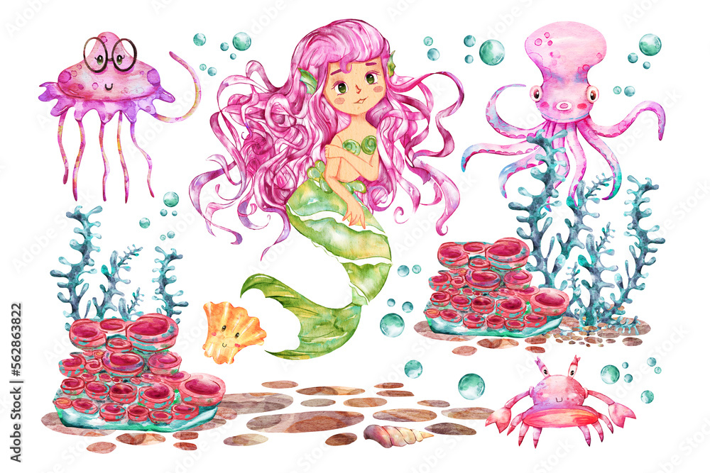 Cute Underwater Watercolor, Sea animals Nursery Decor, Cute Mermaid ...