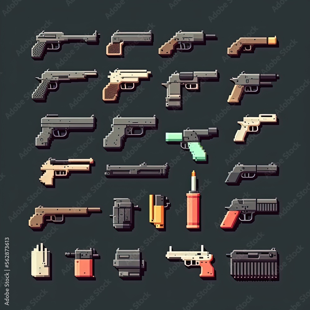 Ilustración de Stock Pixel art firearms set, weapons collection, retro ...