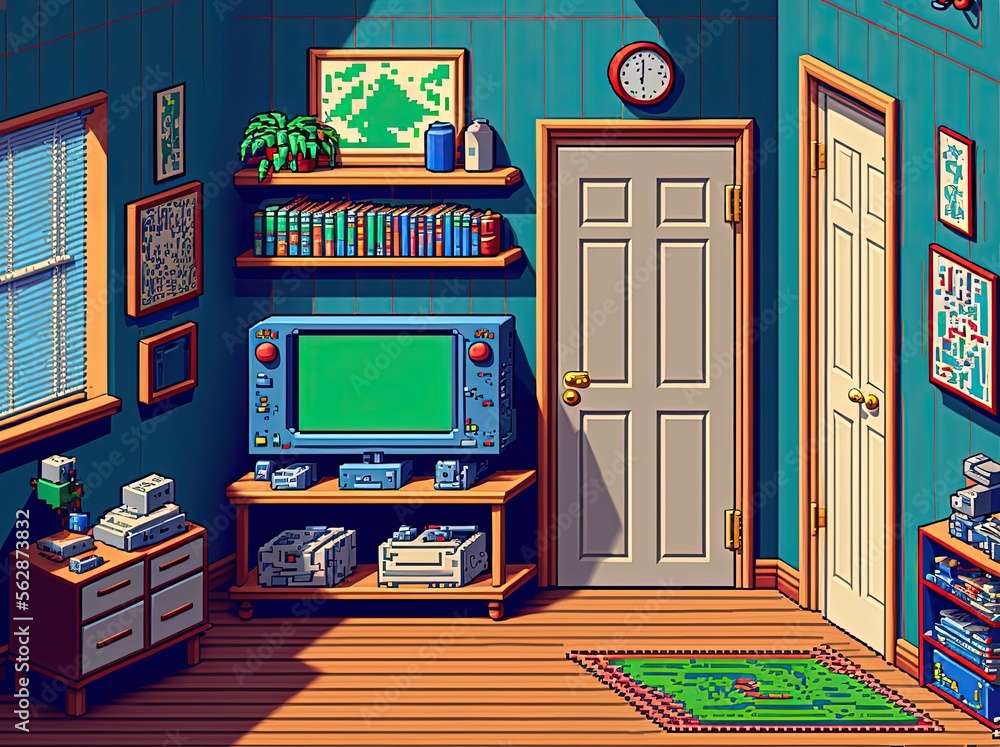 Ilustración de Stock Pixel art game room, bedroom with video game ...