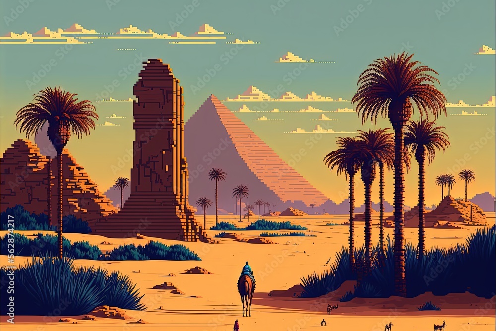 Pixel art ancient egypt with pyramids and monuments, background in ...