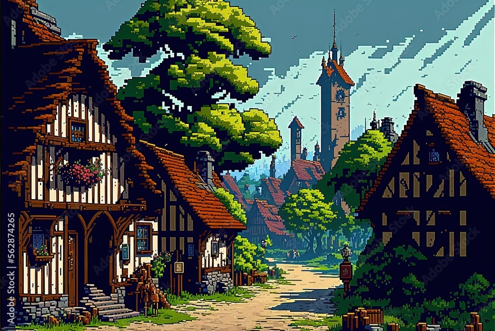 Pixel art medieval village, middle age houses, village with castle, buildings and trees ...
