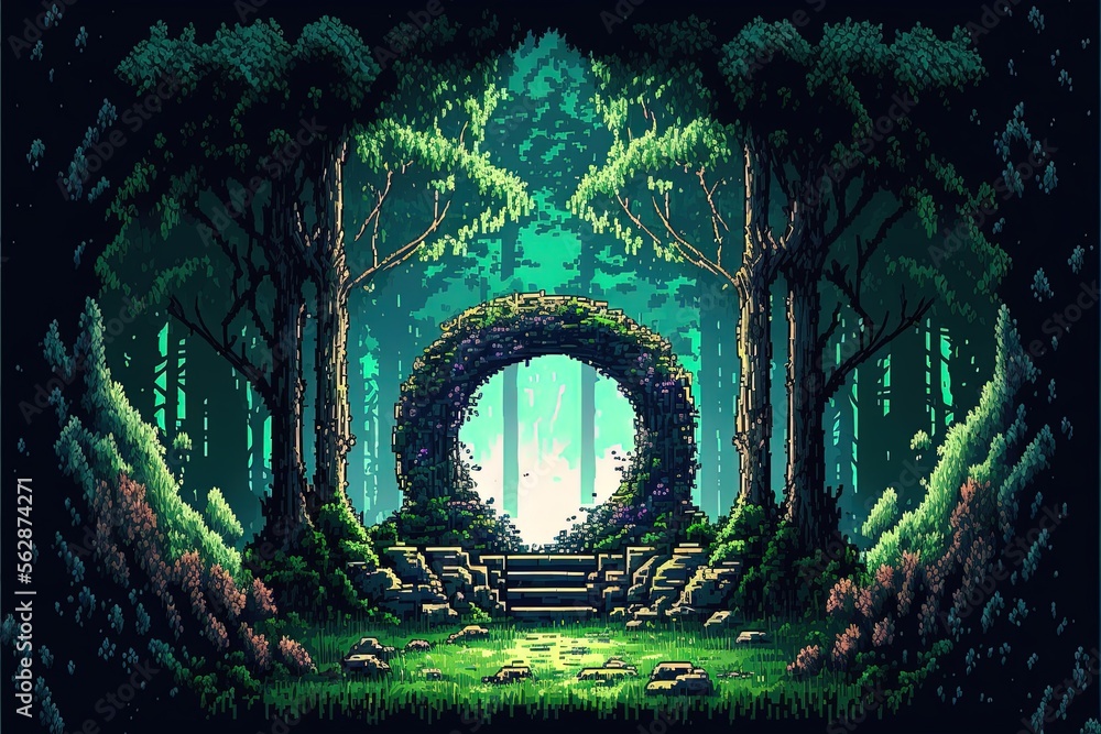 Pixel art magic portal in mystical forest, portal to fantasy dimension, background in retro ...