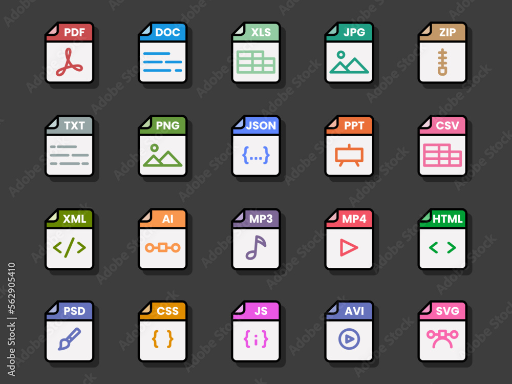 Document file format folder pdf doc xls jpg zip txt png json ppt csv ...