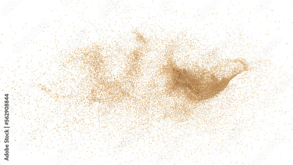 3D rendering of scattered sand granules or fine dirt on transparent ...