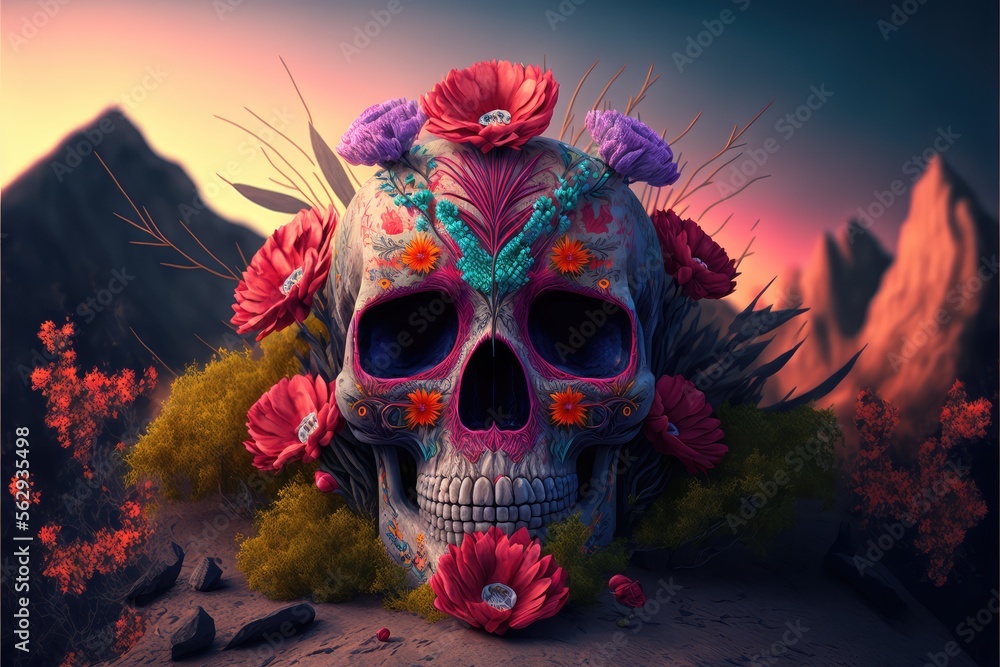 La Santa Muerte. Mexican Skull adorned with flowers. Calavera Grim ...