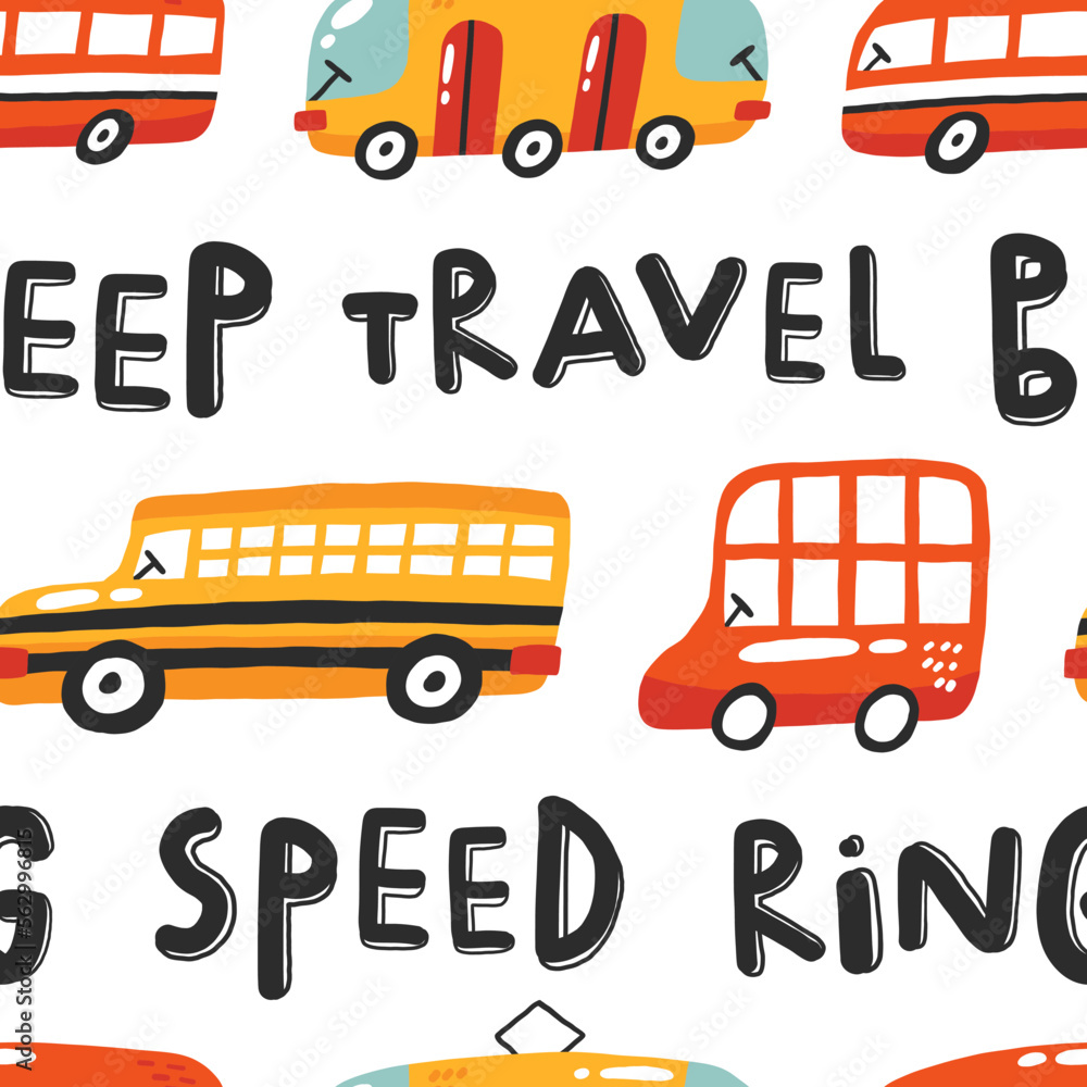 Cartoon seamless pattern with buses and trams. Cute childish background ...