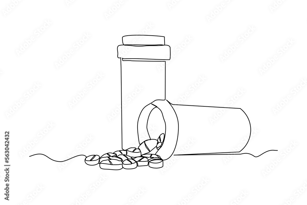 Continuous single one line drawing of medicine pill or capsule bottle ...