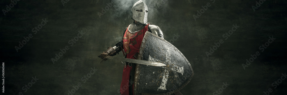 Banner. Serious brutal bearded man, medieval warrior and knight with ...