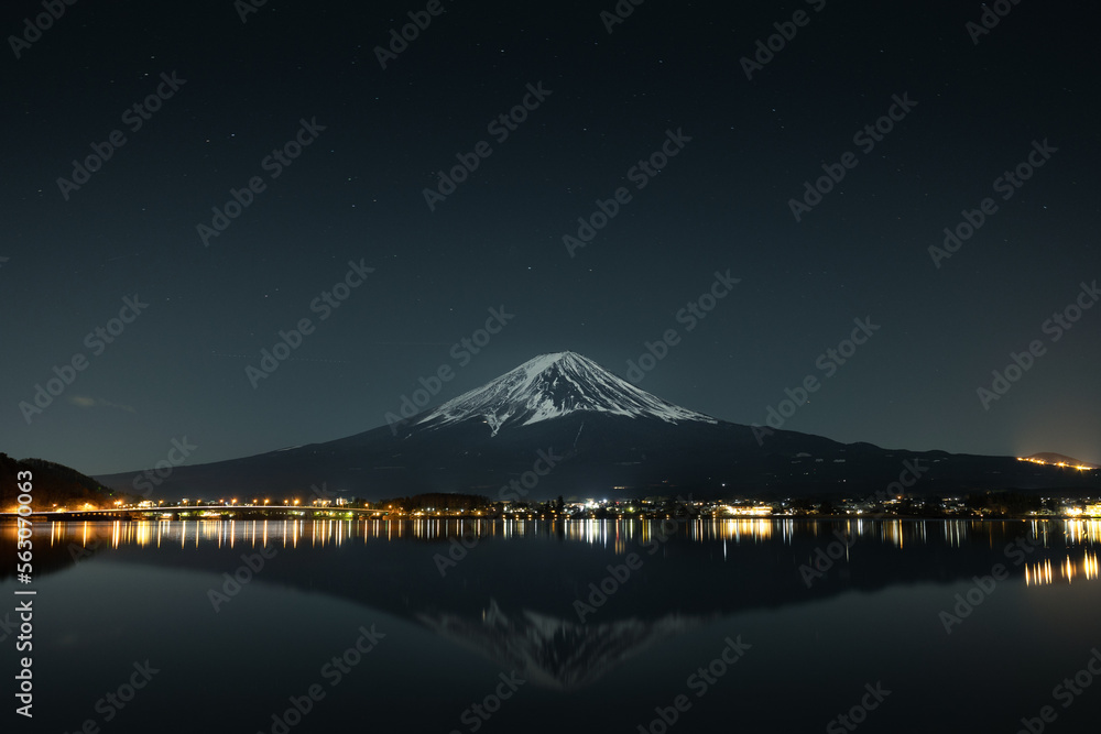 Mount Fuji at Night using Astrophotography at Lake Kawaguchi Stock ...