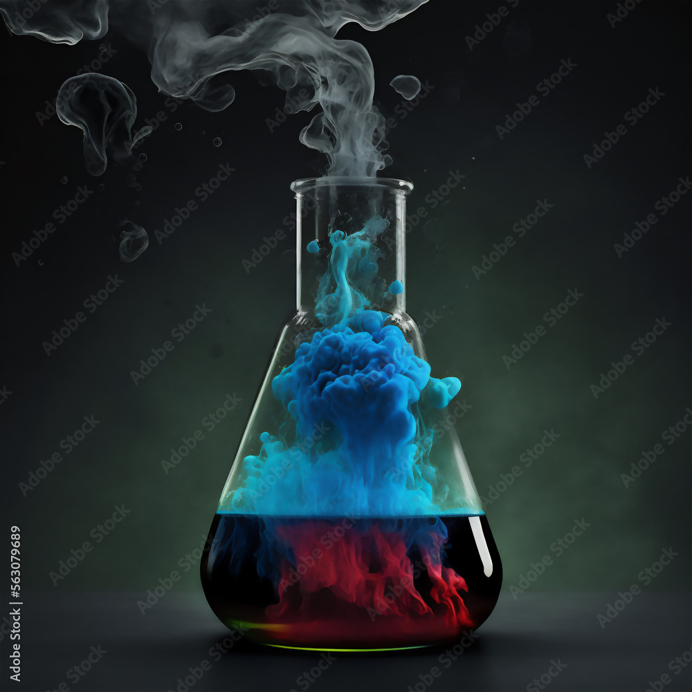 chemistry reaction in an erlenmeyer flask with red liquid and blue ...