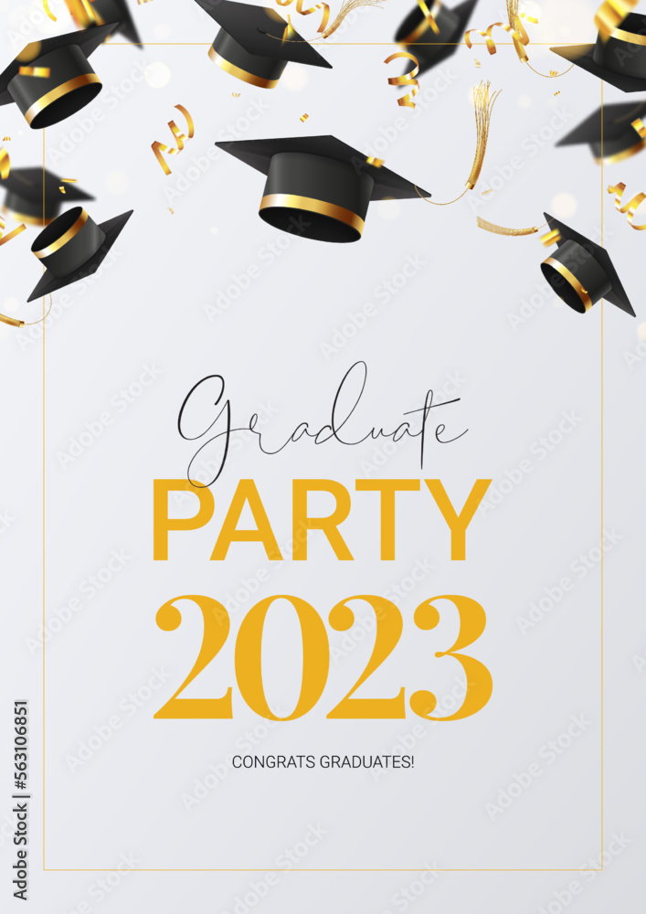 Invitation poster for graduation party. 3d falling graduation caps ...