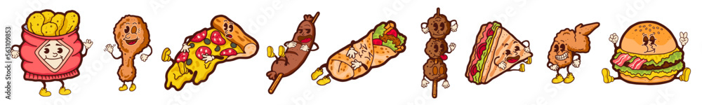 Junk food cartoon characters. Funny unhealthy food mascot persons with ...