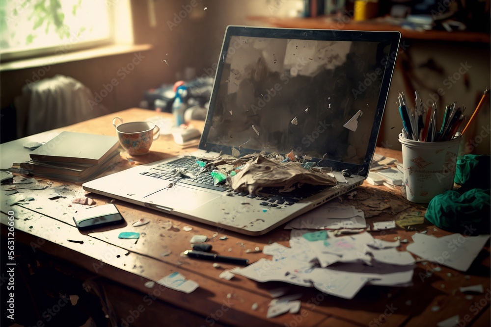 Messy table with laptop, AI generated. Let's keep our desks tidy, it ...