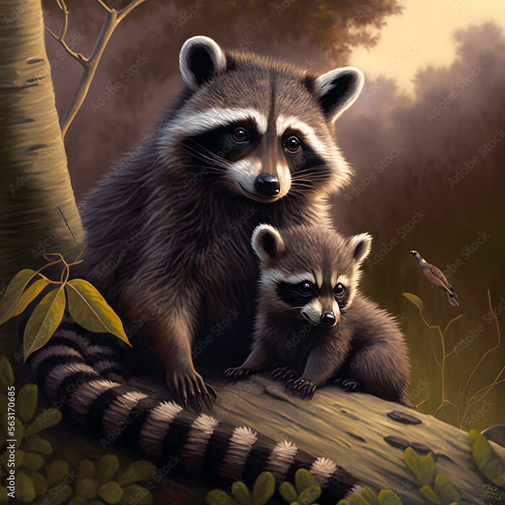 baby raccoon with mother raccoon Stock Illustration | Adobe Stock