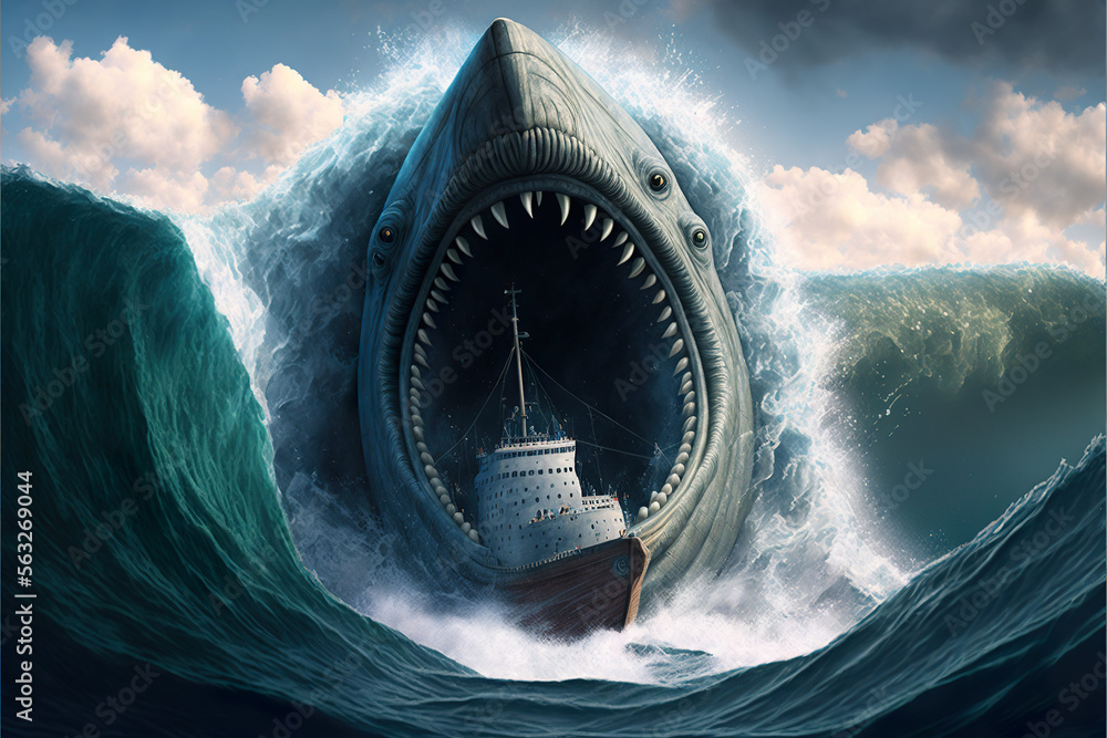 Giant deep sea megalodon shark monster eating an ocean cruiser ship illustration Stock ...
