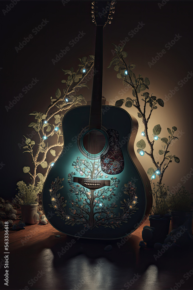 Acoustic guitar grown into enchanted forest, roots and branches. AI ...