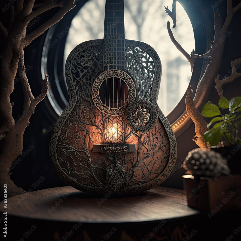 Acoustic guitar grown into enchanted forest, roots and branches. AI ...