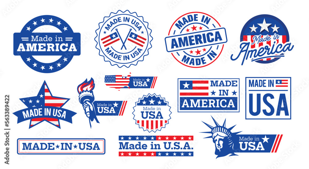 Collection of red and blue made in the USA label, stickers, stamps ...