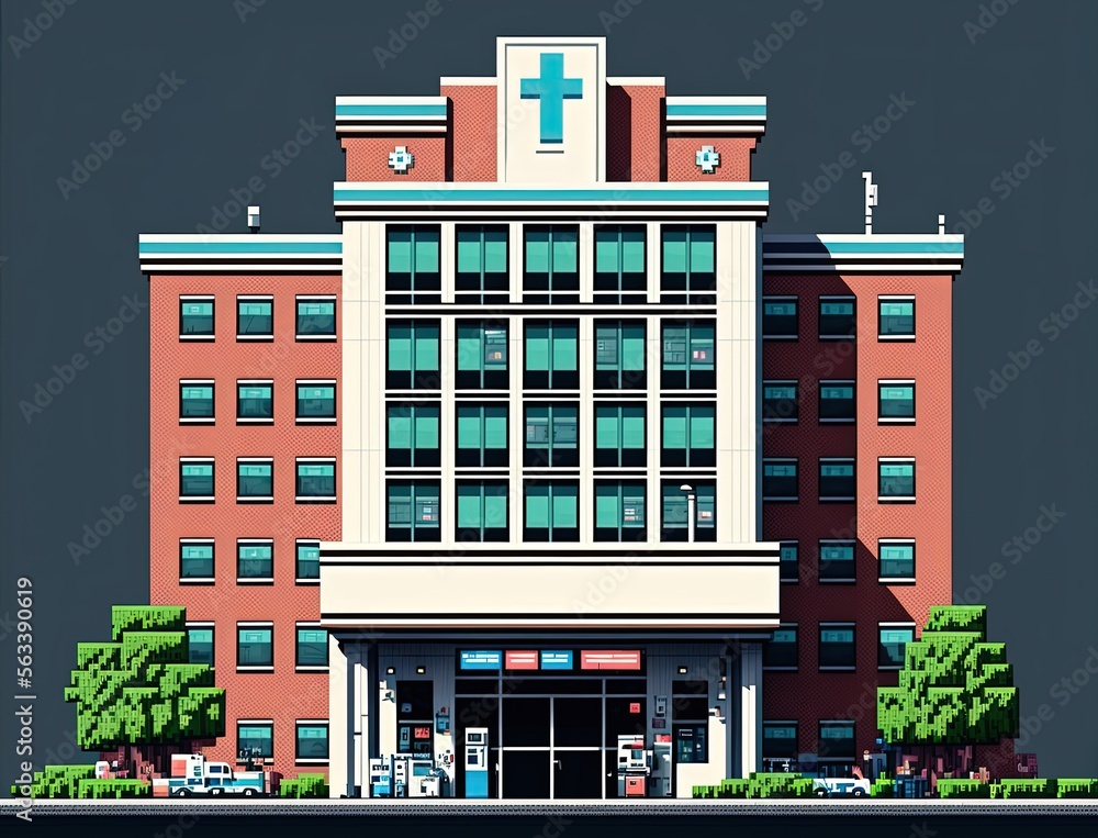 Pixel art hospital, hospital front facade, background in retro style ...
