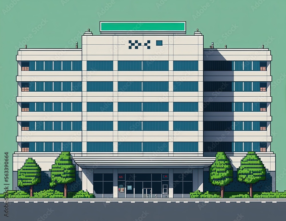 Pixel art hospital, hospital front facade, background in retro style ...