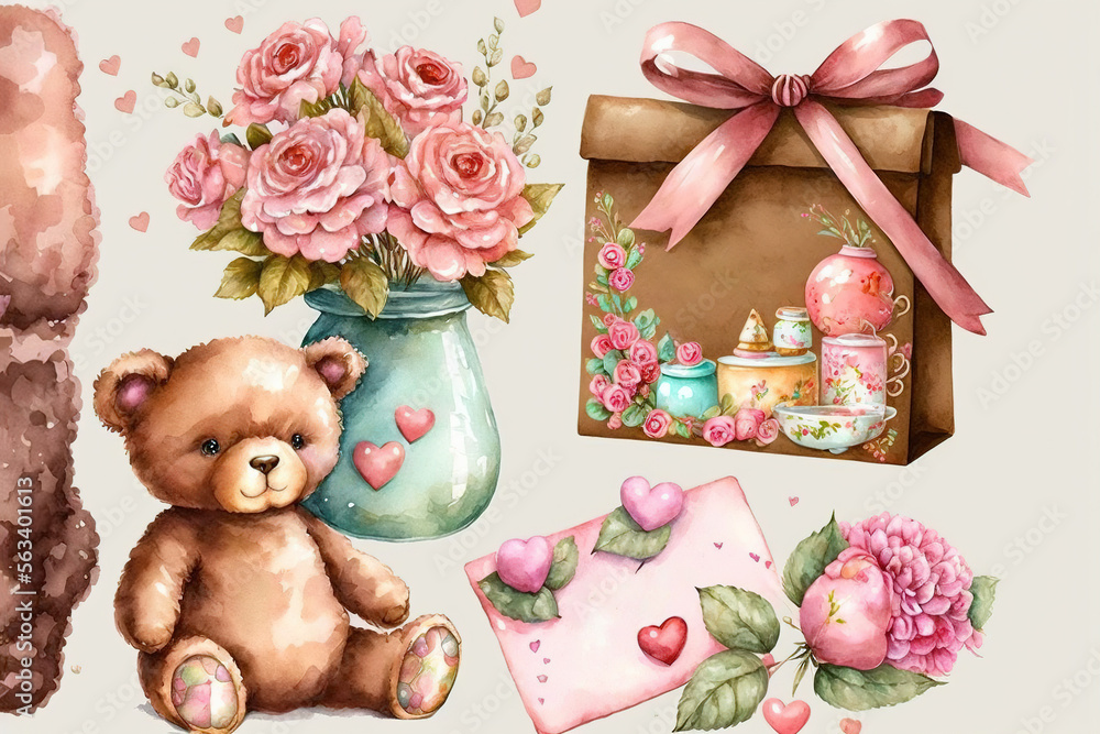 Teddy bear sitting letters, flowers, presents, clipart watercolor ...