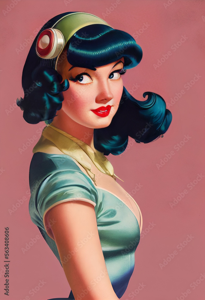 1940s Style Digital Painting of a Black-Haired Pin Up Girl. [Fantasy ...
