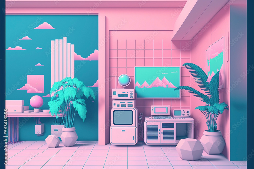 Pastel Vaporwave Background, Retrofuturist Kitchen Generative AI Stock ...