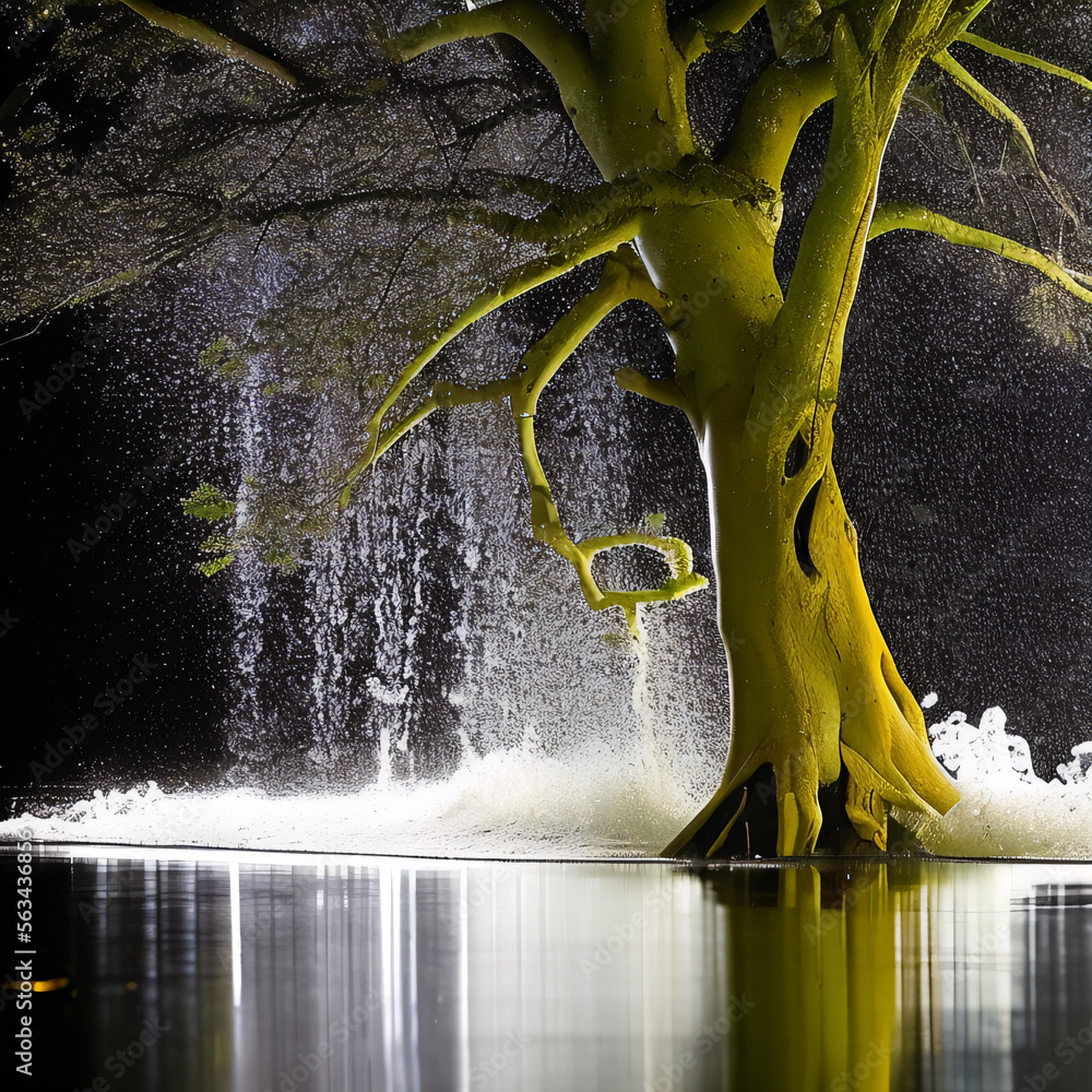 Tree partially submerged underwater by flood water with waterfall ...