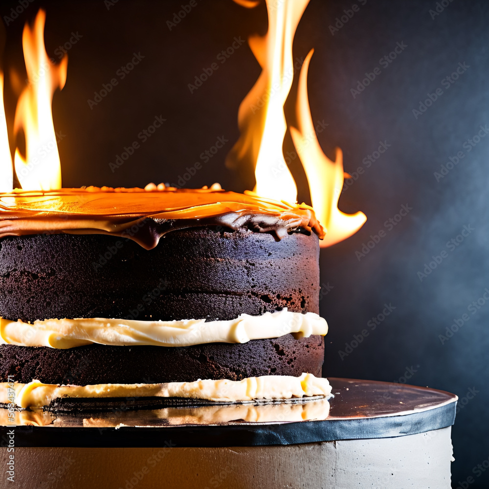 Isolated closeup view of cake on fire burning with smoky orange flames ...