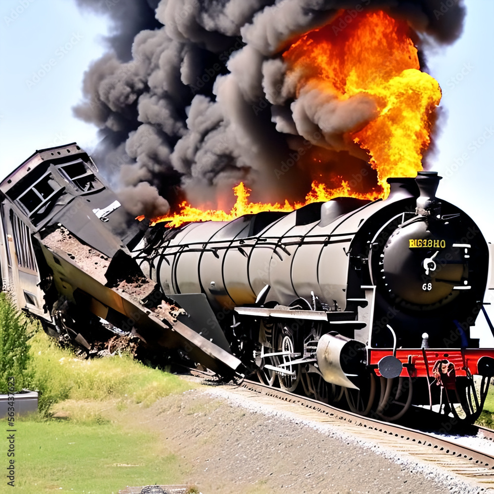 Train wreck crash accident with fiery inferno on railway with hot smoky ...