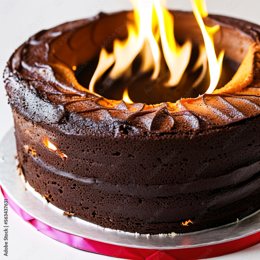 Isolated closeup view of cake on fire burning with smoky orange flames ...