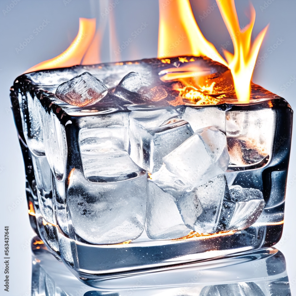 Isolated closeup view of solo ice cube on fire burning with smoky ...