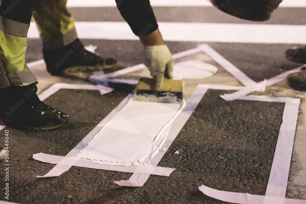 Process of making new road surface markings with line striping machine ...