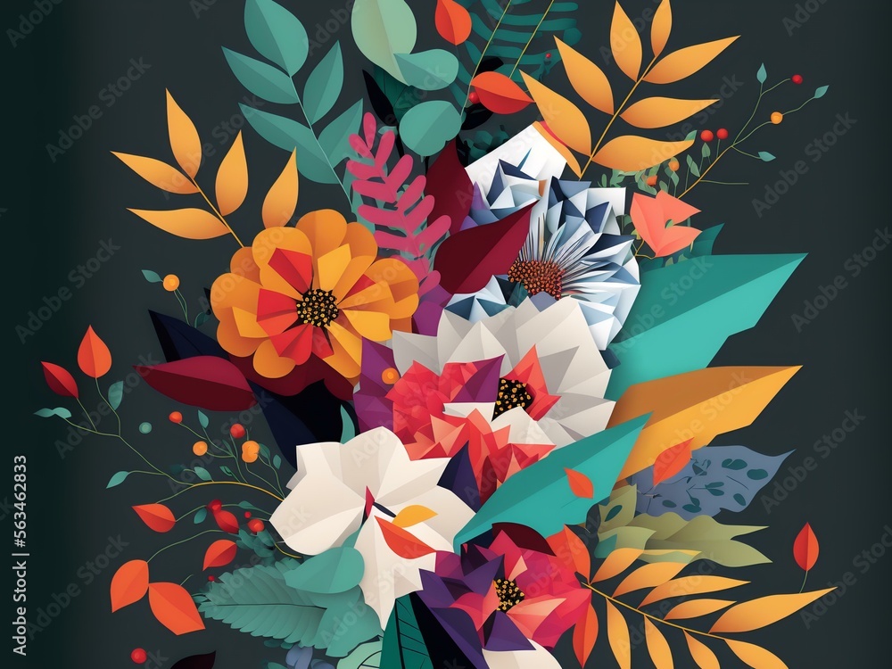 wallpaper design featuring a cascading bouquet of brightly coloured ...