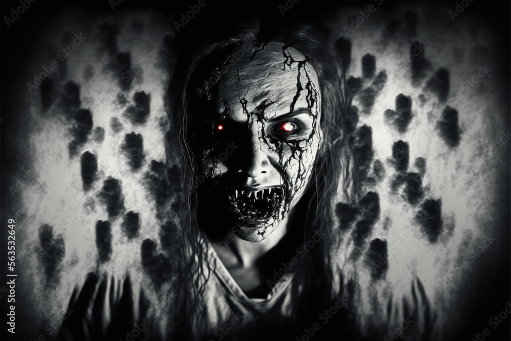 Possessed woman carrying all evil surrounded by evil spirits and ...