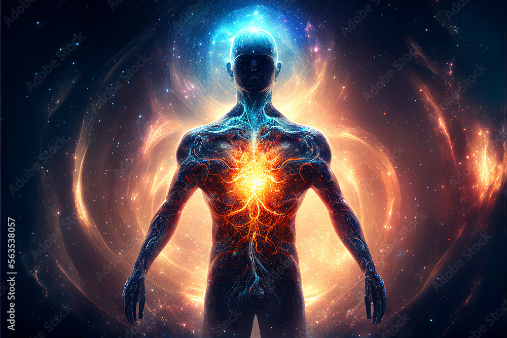 Ilustrace Astral body silhouette with abstract space background ...