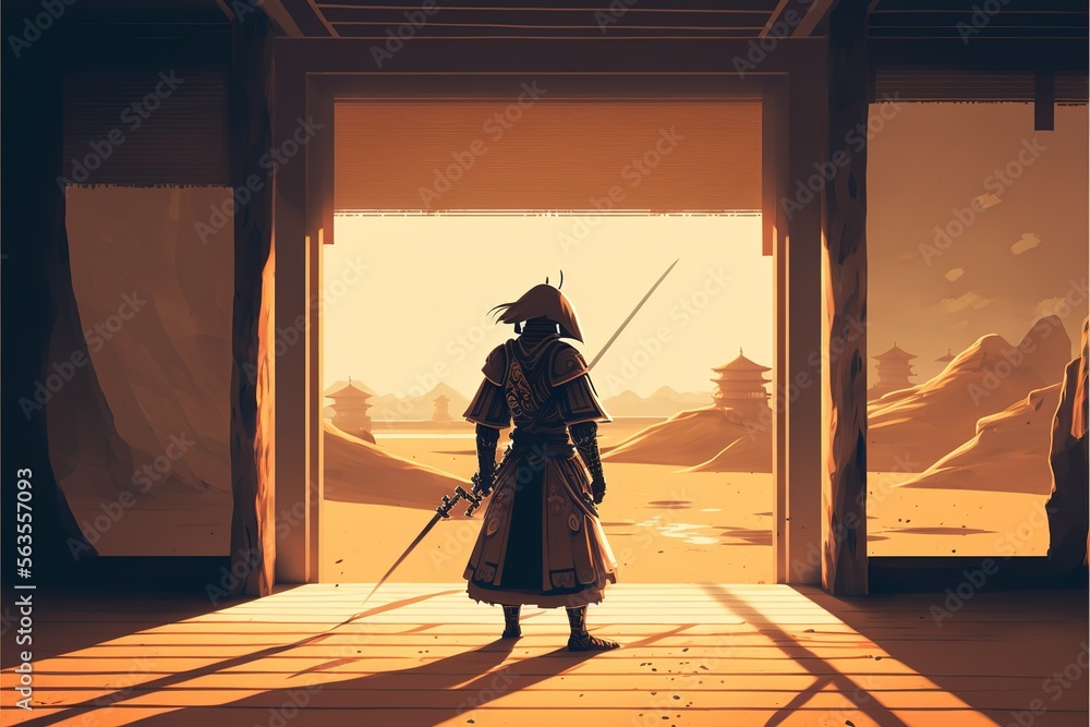 Samurai standing in a desert house with sword .illustration. anime ...