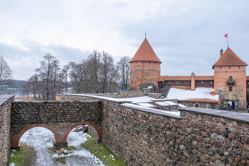 Vew of the old fortification walls of Trakai Castle, built on Galve ...