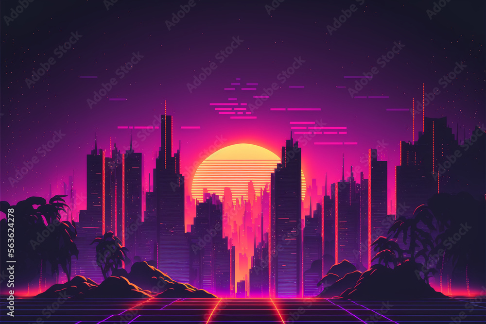 80s Retro Sci-Fi Background with Night City Skyline, Synthwave glowing ...