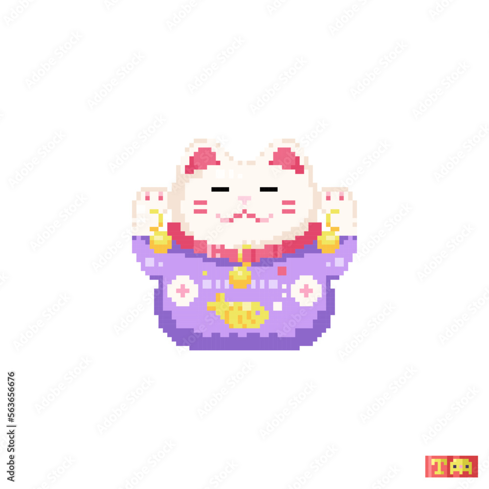 Pixel art lucky cat. 8 bit Maneki Neko in retro gamer style. Cute ...