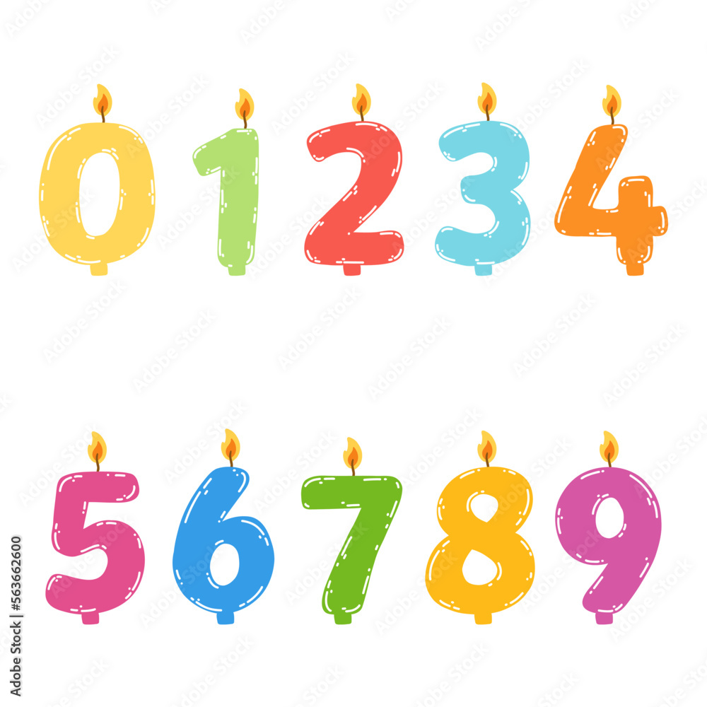 Hand drawn colorful birthday candles numbers with burning flame. Vector ...