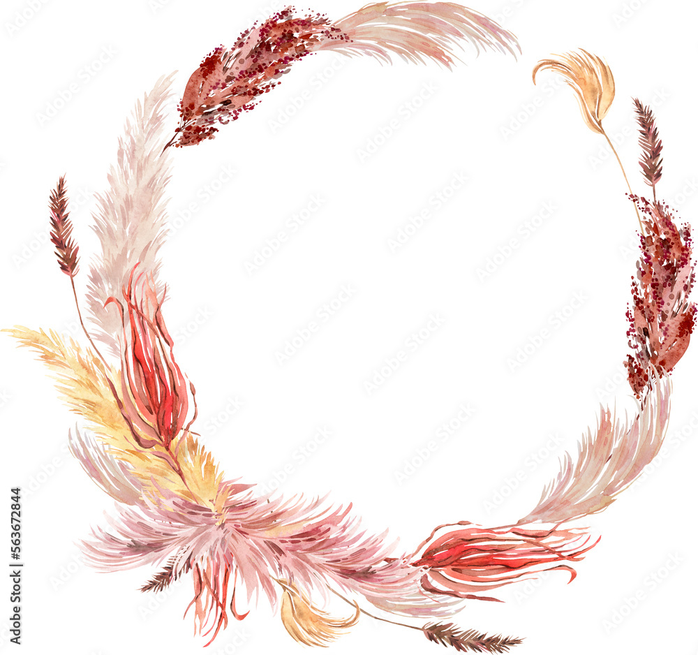 Wildflowers, herbs boho wreath painted in watercolor. Dried pampas ...