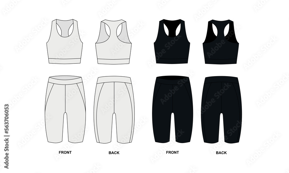 Vector outline drawing sports short bra top and cycling shorts in black ...