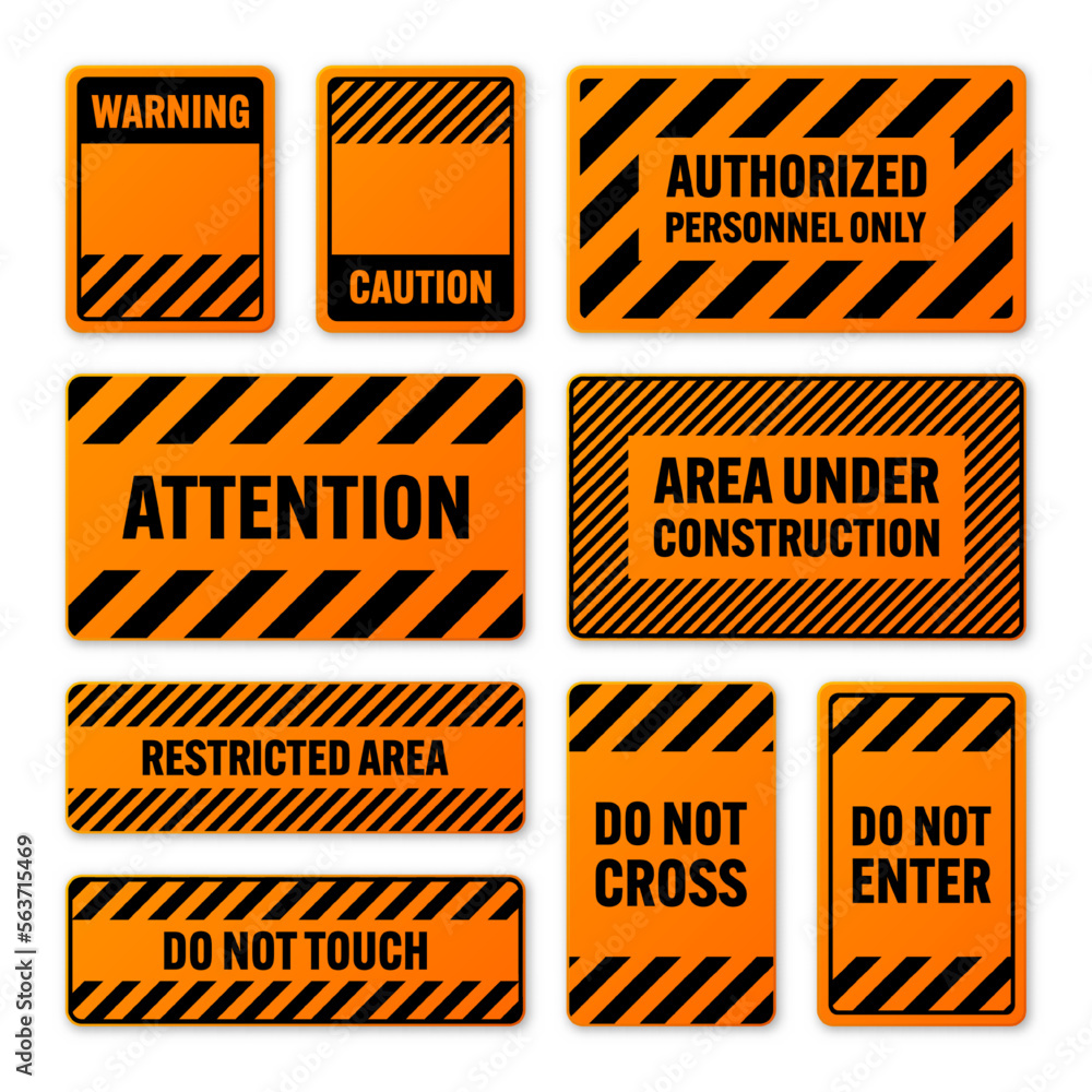 Various black and orange warning signs with diagonal lines. Attention ...