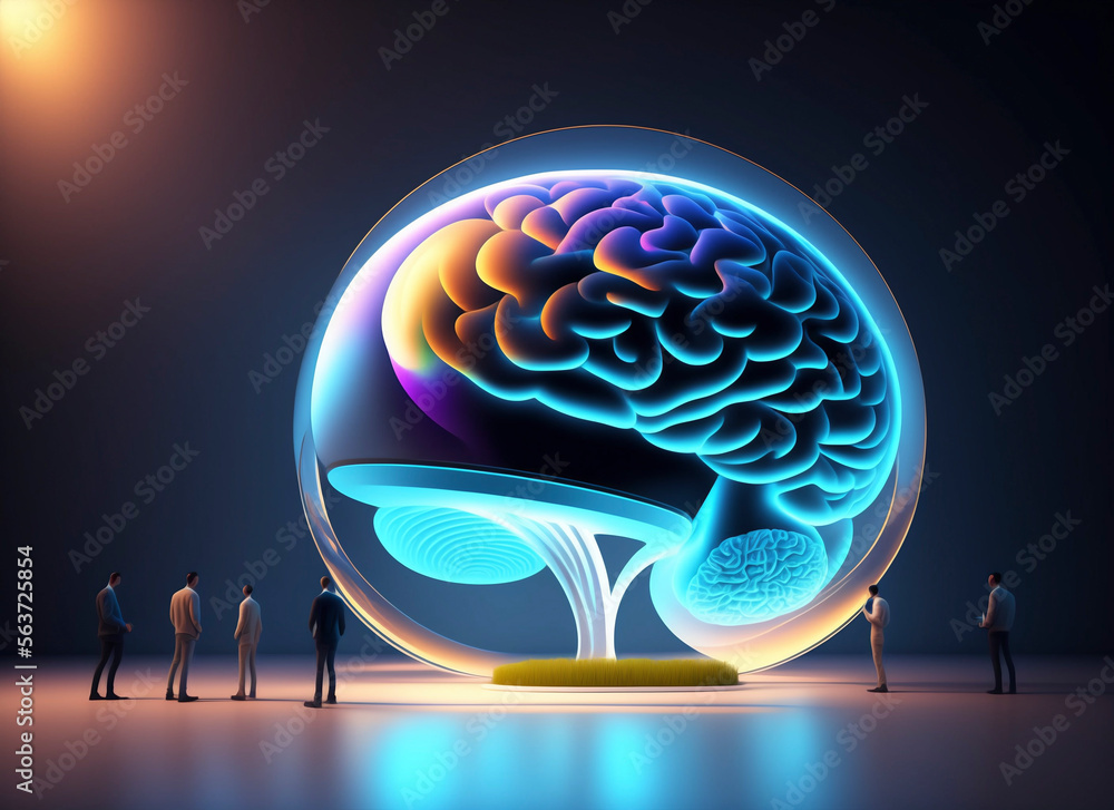 Team huddled around big brain diagram, generating ideas represented in ...