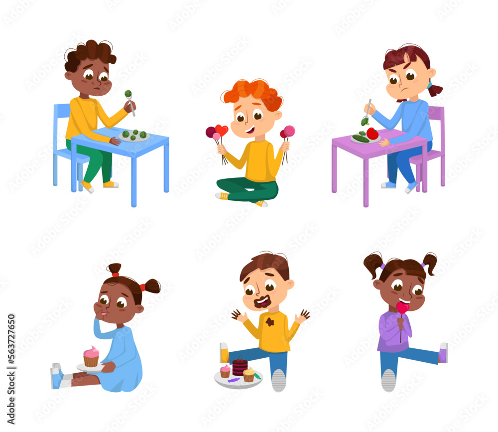 Kids Showing Food Likes and Dislikes Eating Healthy and Unhealthy Food ...
