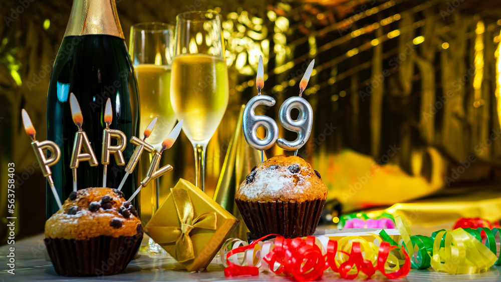 Happy birthday background with champagne glasses with number cake 69 ...